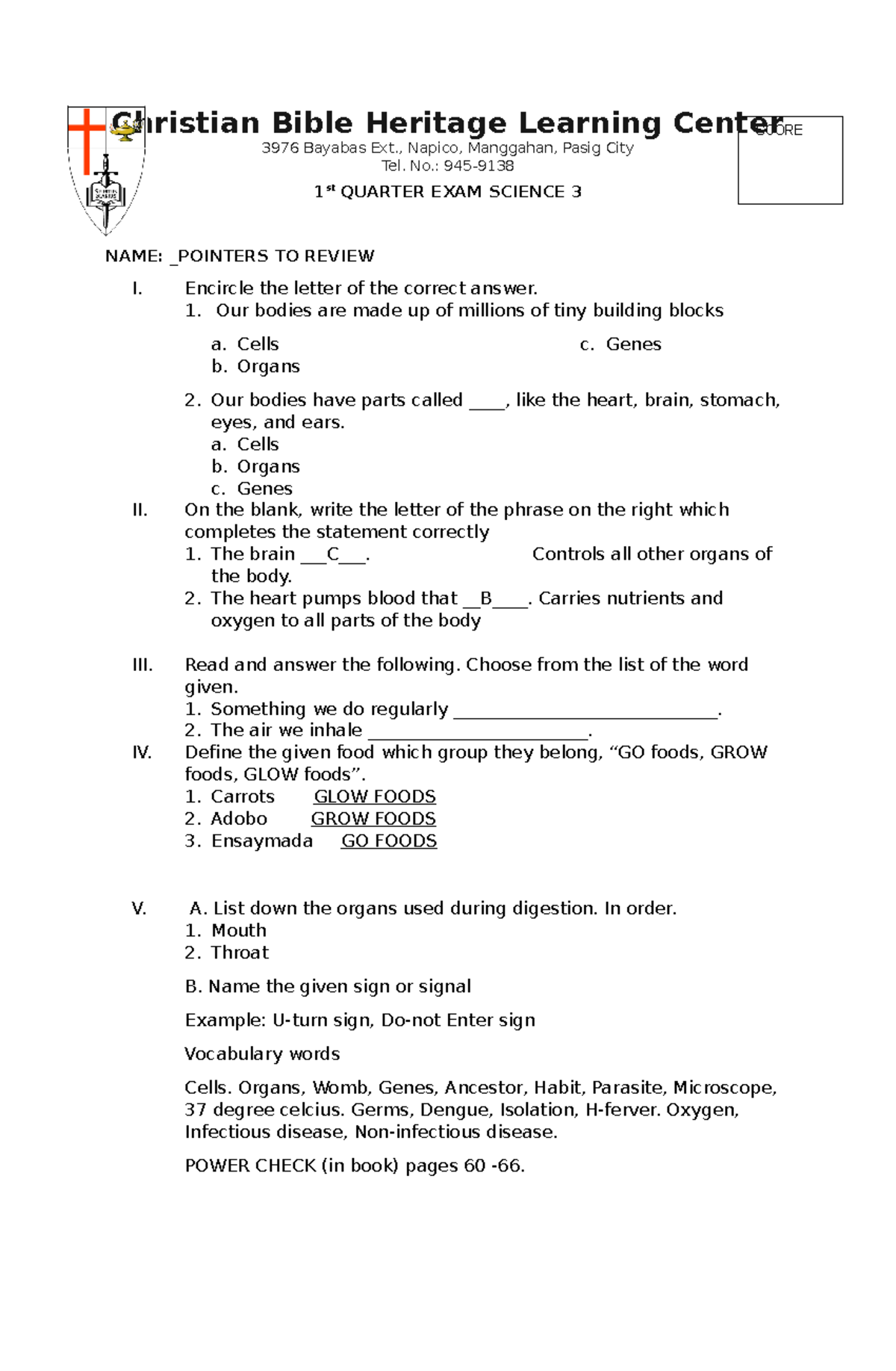 Science Pointers TO Review - Christian Bible Heritage Learning ...