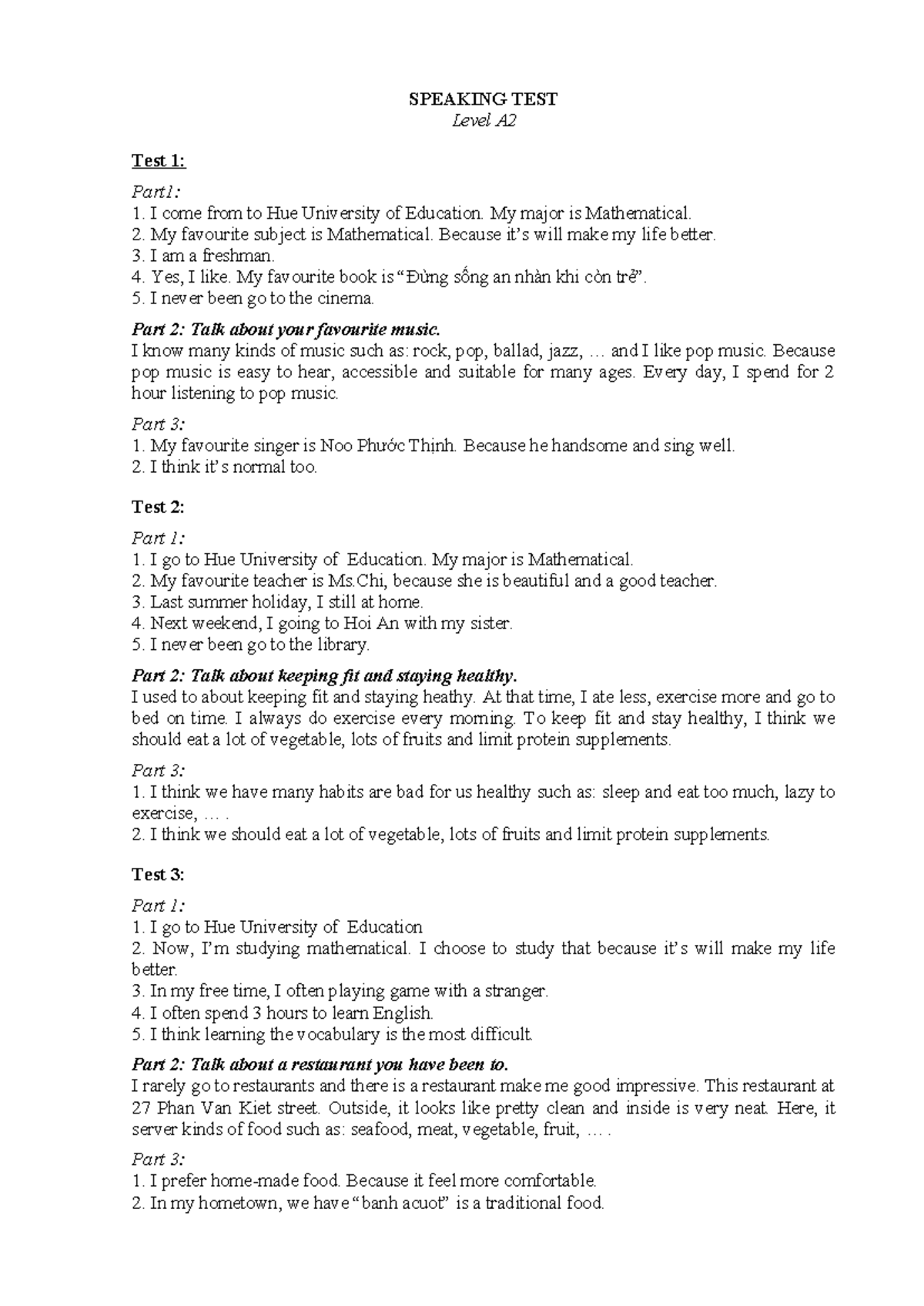 Speaking Test A2 - SPEAKING TEST Level A Test 1: Part1: I come from to ...