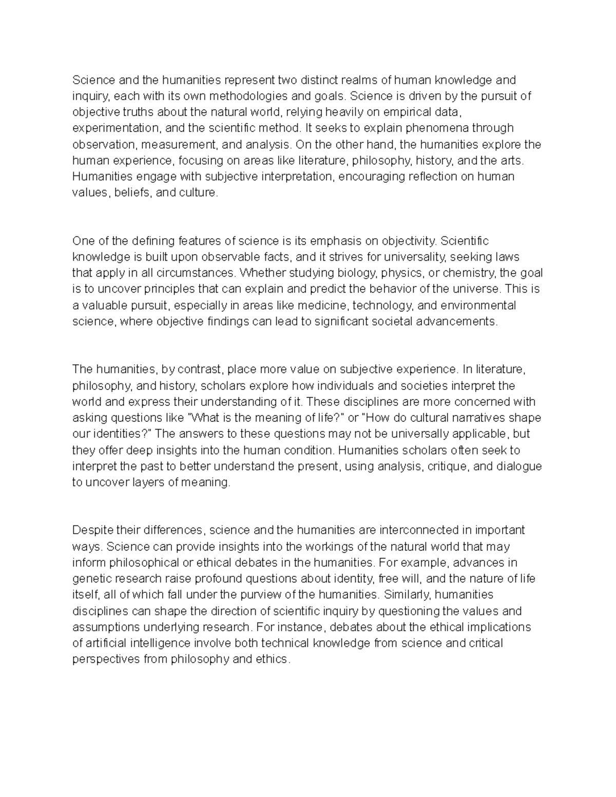 Science vs. Humanities - Science and the humanities represent two ...