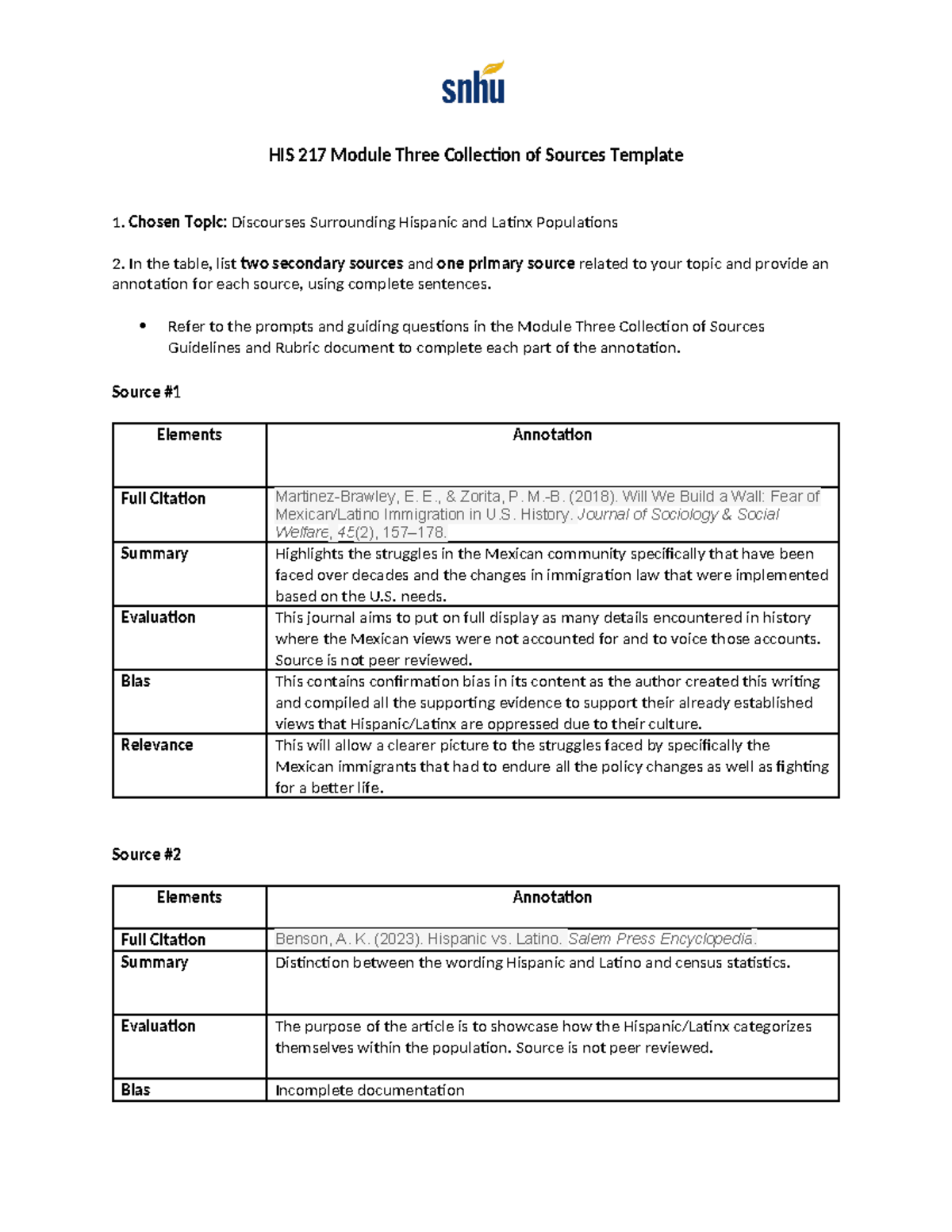 HIS 217 Module Three Collection of Sources Template - Chosen Topic ...
