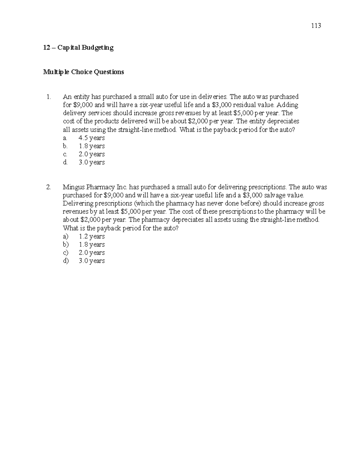 Chapter 12 - BUSI 1002 - 12 – Capital Budgeting Multiple Choice ...