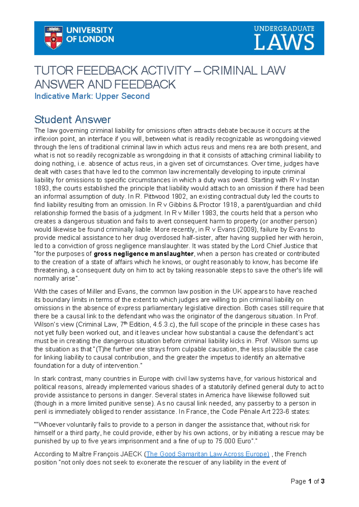 Criminal Feedback - Upper Second - Page 1 of 3 TUTOR FEEDBACK ACTIVITY – CRIMINAL LAW ANSWER AND ...