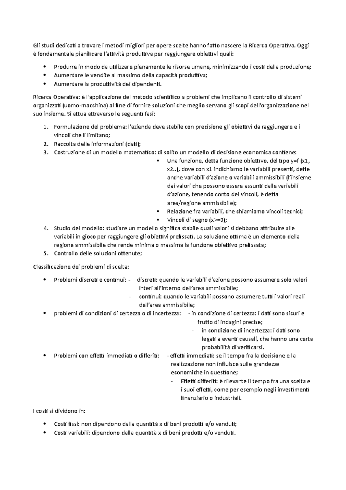Ricerca Operativa e la funzione costo - Gli studi dedicati a trovare i ...