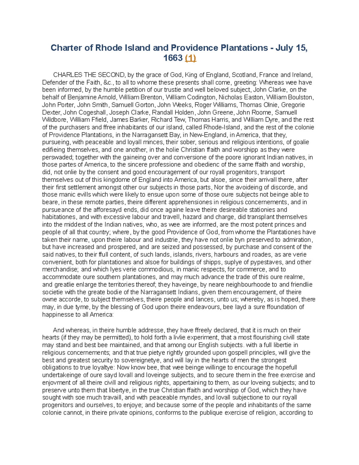 Charter of Rhode Island and Providence Plantations - , to all to whome ...
