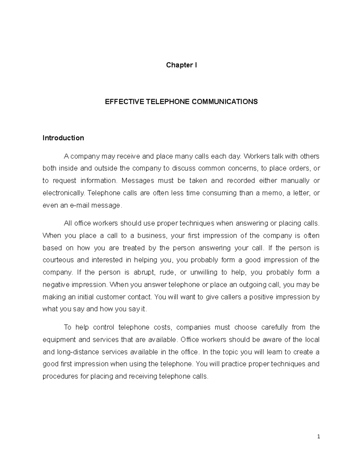 Effective Telephone Communications - Chapter I EFFECTIVE TELEPHONE ...