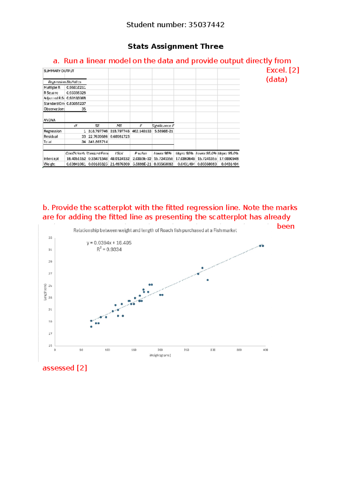 Stats Assignment Three - Student number: 35037442 Stats Assignment Three a. Run a linear model ...