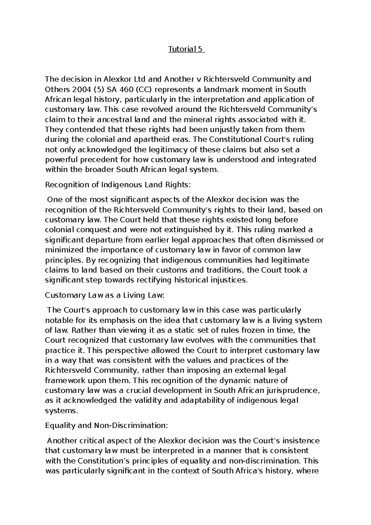 Tut 5 - sem 2 tut 5 - Tutorial 5 The decision in Alexkor Ltd and ...