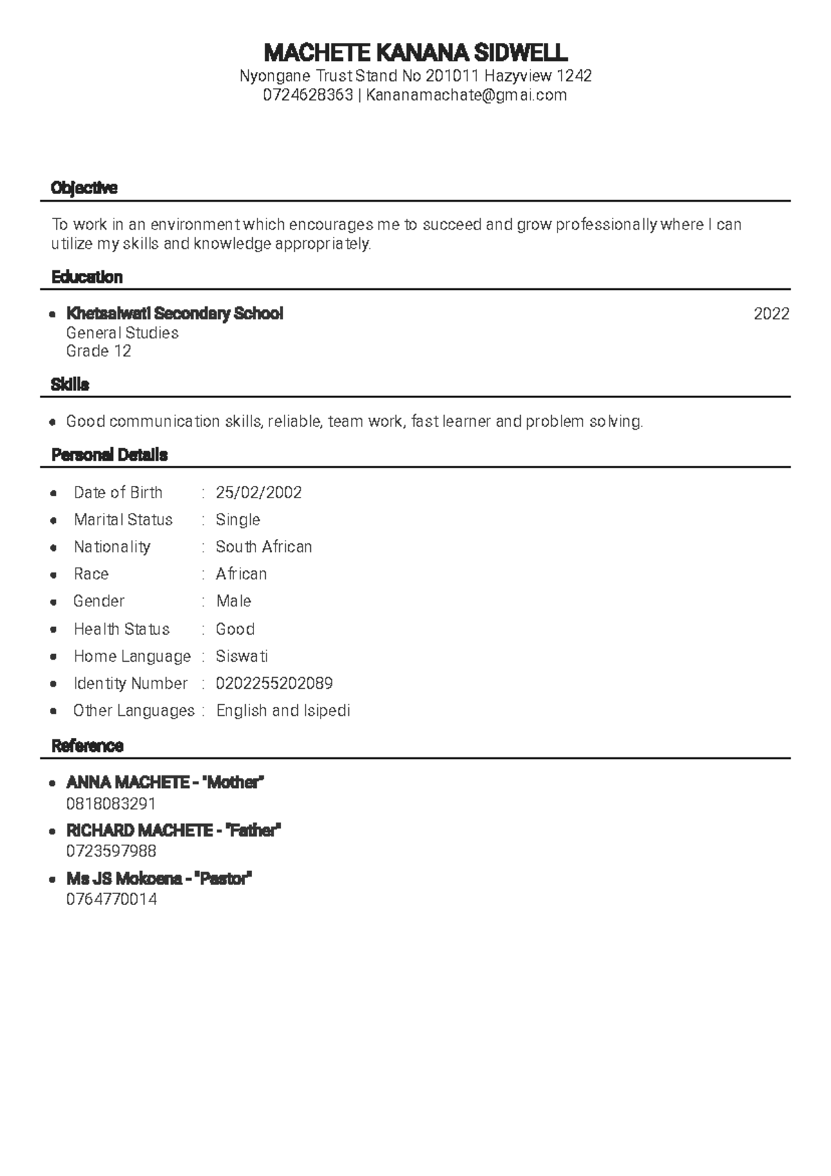 Machete Kanana's Resume - 2022 MACHETE KANANA SIDWELL Nyongane Trust ...