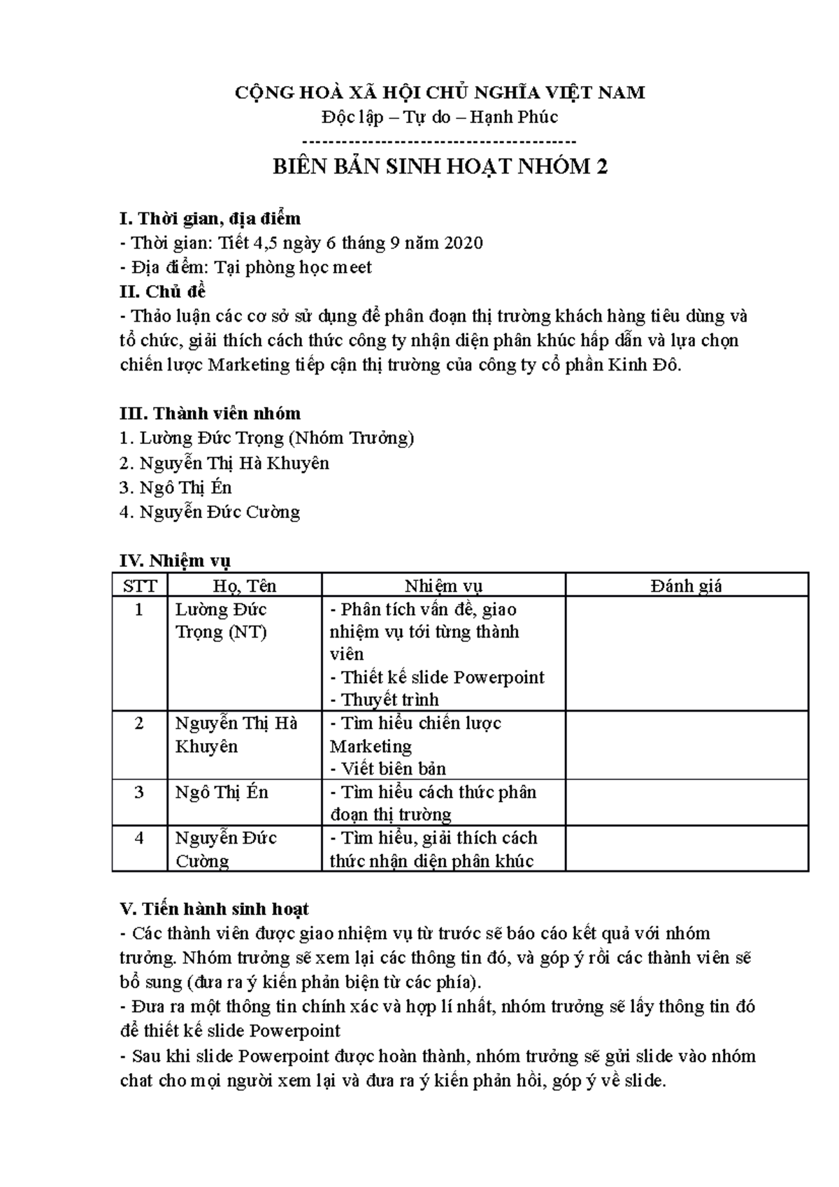 BIÊN BẢN NHÓM 2 MKT CB - cdyu hfuyju - CỘNG HOÀ XÃ HỘI CHỦ NGHĨA VIỆT ...