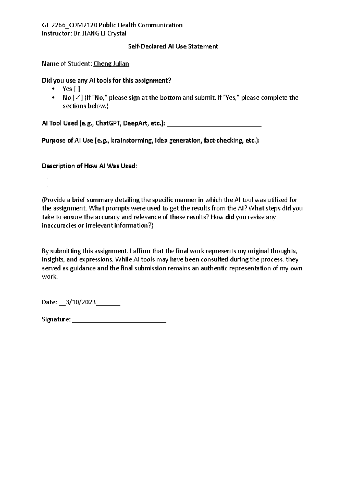Self-Declared AI Use Statement - GE 2266_COM2120 Public Health ...