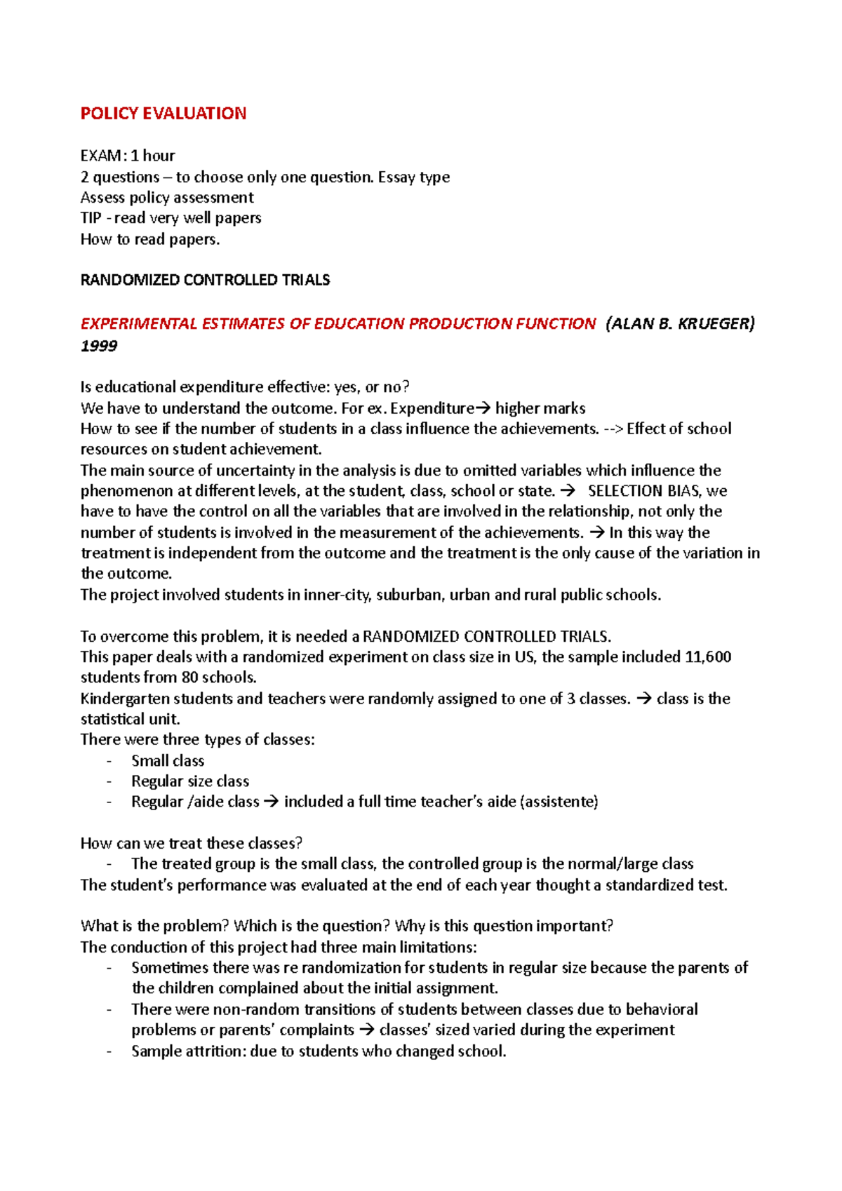 Policy Evaluation - POLICY EVALUATION EXAM: 1 hour 2 questions – to ...