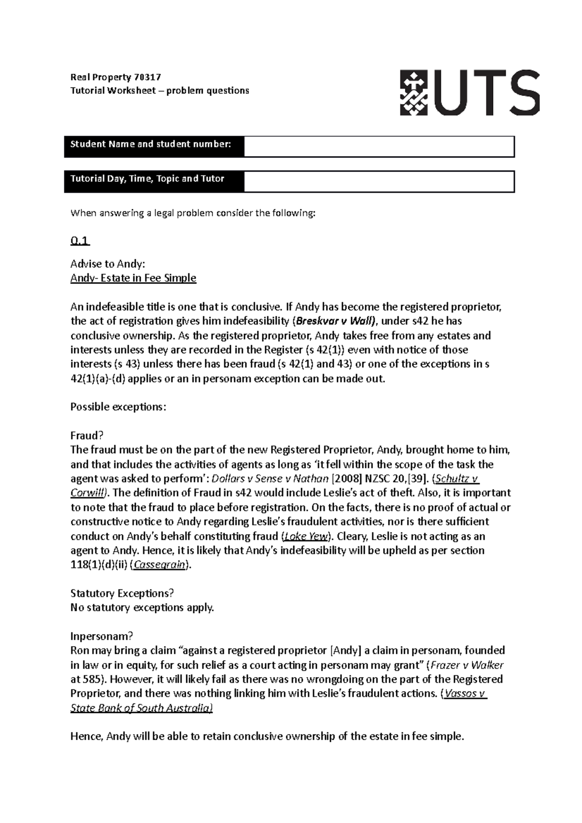 Tut 2 - Week 2 Tutorial Preparation - Real Property 70317 Tutorial ...