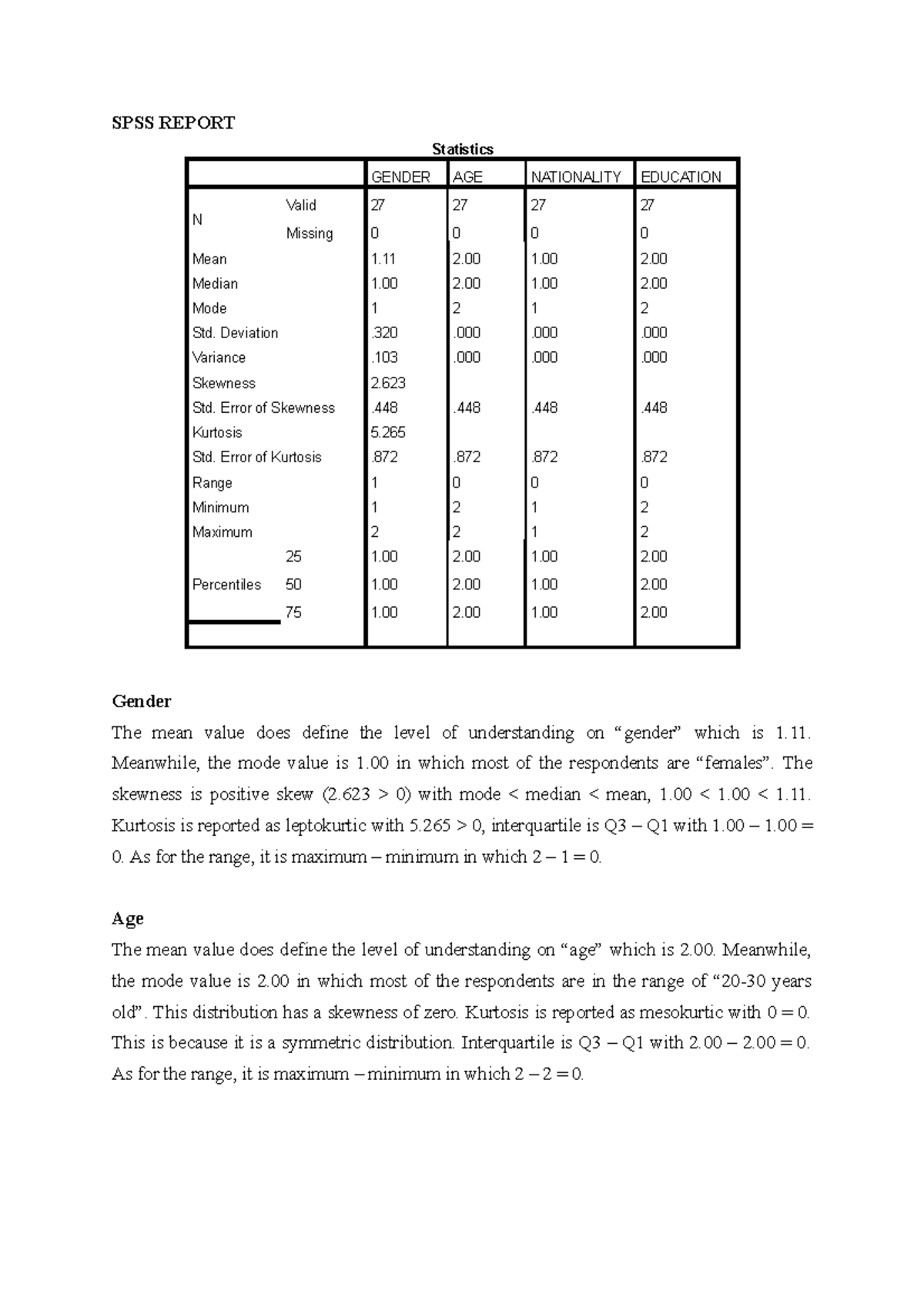 Example Of SPSS Report SPSS REPORT Statistics GENDER AGE NATIONALITY