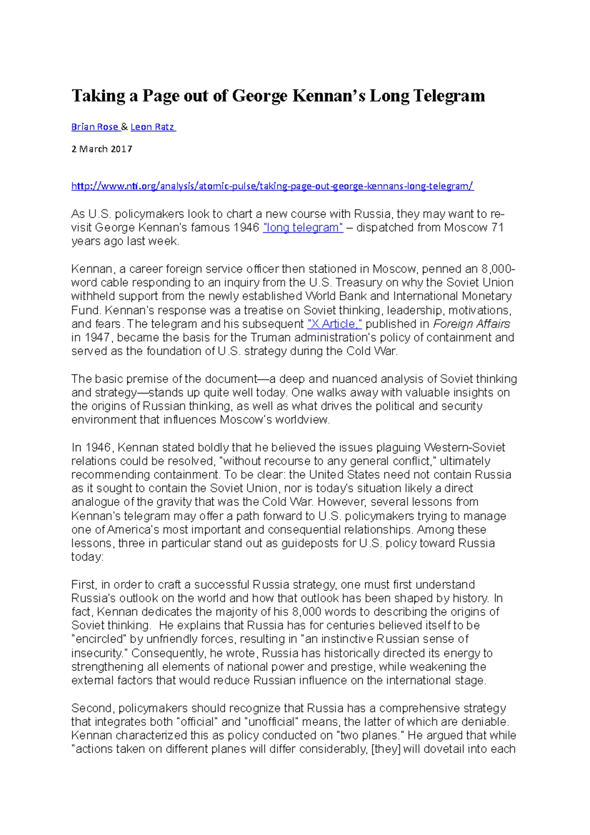 Taking a Page out of George Kennan - policymakers look to chart a new ...