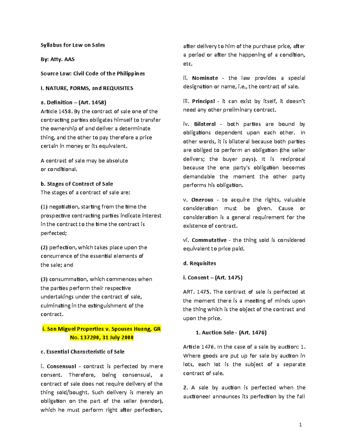 RFBT Sales WEEK 4 - Syllabus for Law on Sales By: Atty. AAS Source Law ...