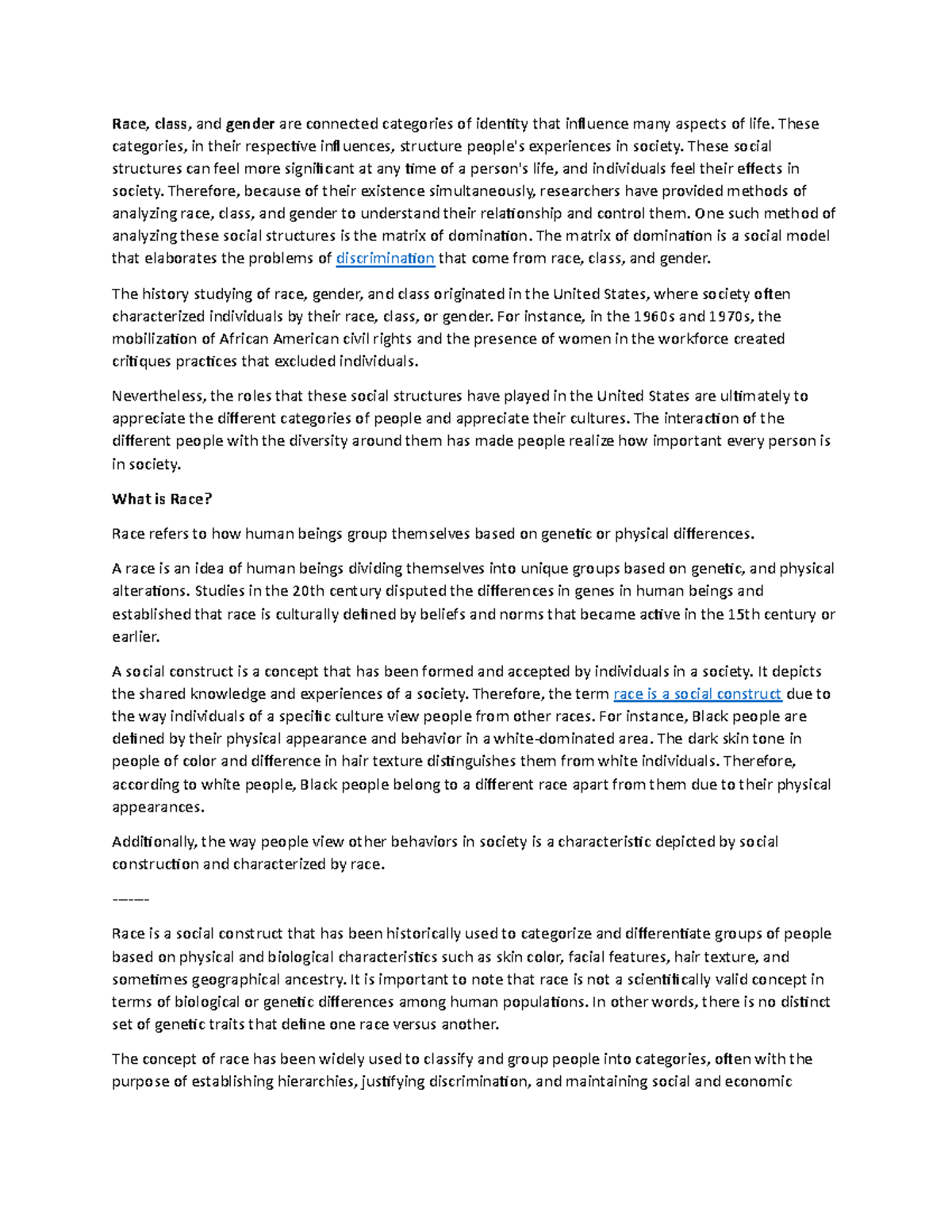 Race, class & gender notes - Race, class, and gender are connected ...