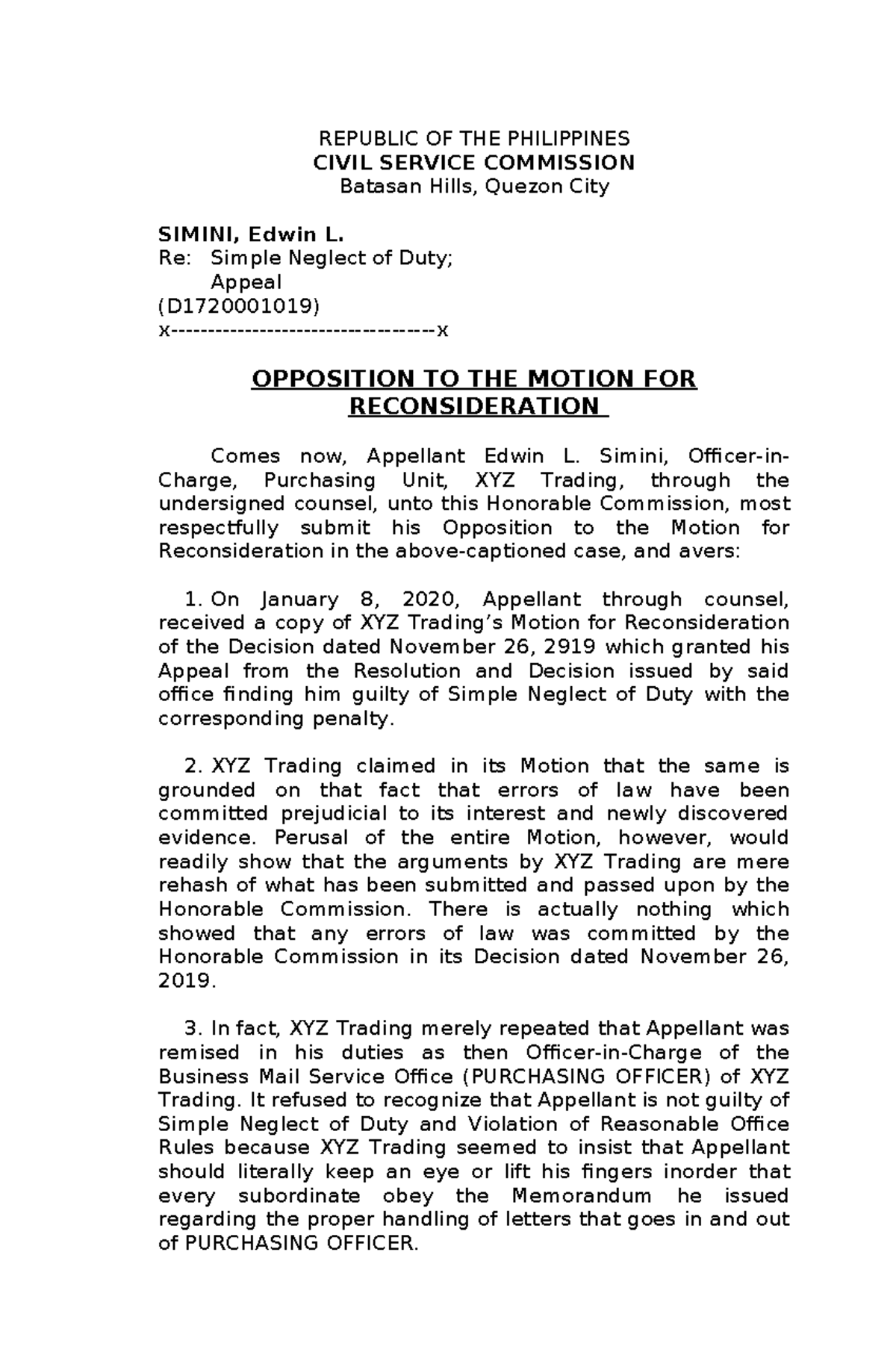 Opposition to the motion for reconsideration - REPUBLIC OF THE PHILIPPINES CIVIL SERVICE ...
