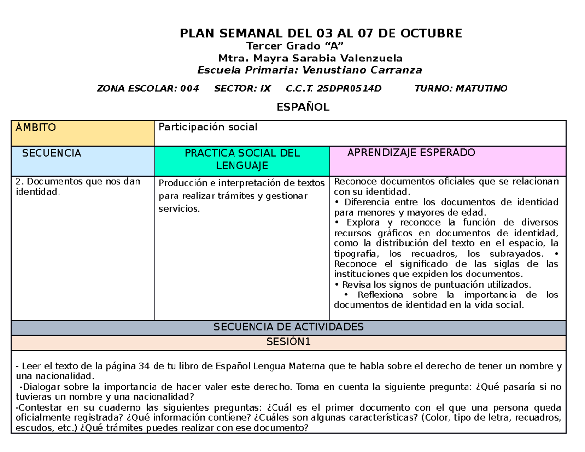 PLAN 3°A Semana DEL 3 AL7 DE Octubre - PLAN SEMANAL DEL 03 AL 07 DE ...