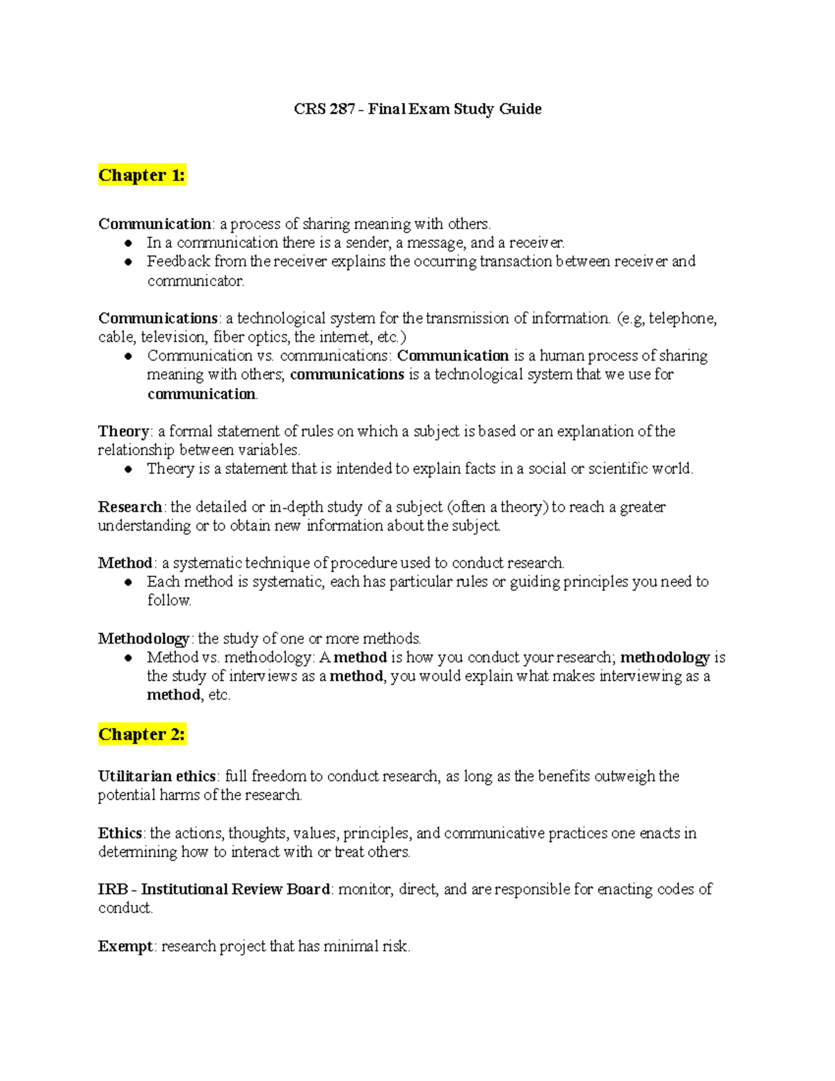 Study Guide - Final Exam CRS 287 - CRS 287 - Final Exam Study Guide ...