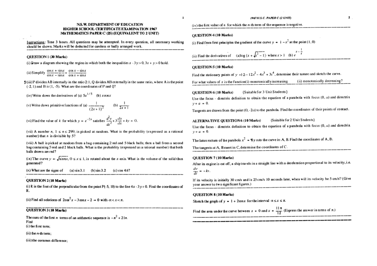 Maths 2U 1967 HSC - Past Paper - 2001 - Studocu
