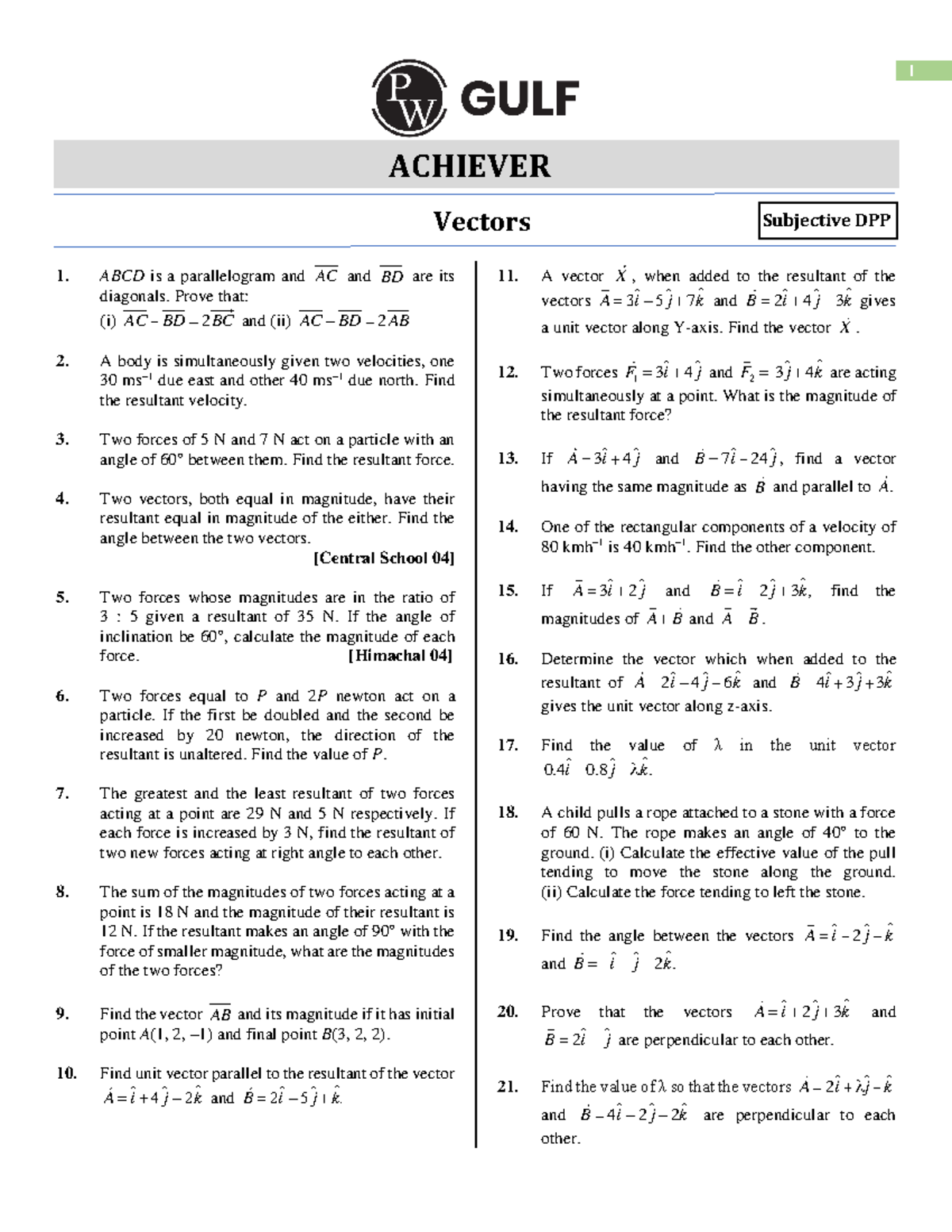 Vectors Subjective DPP ~ (Physics) - ACHIEVER Vectors ABCD is a ...