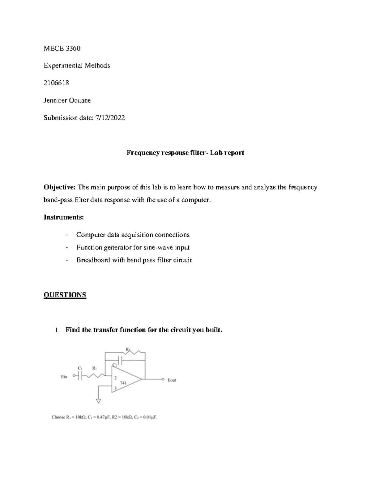 Frequency analysis MECE 3360 lab report - MECE 3360 Experimental ...