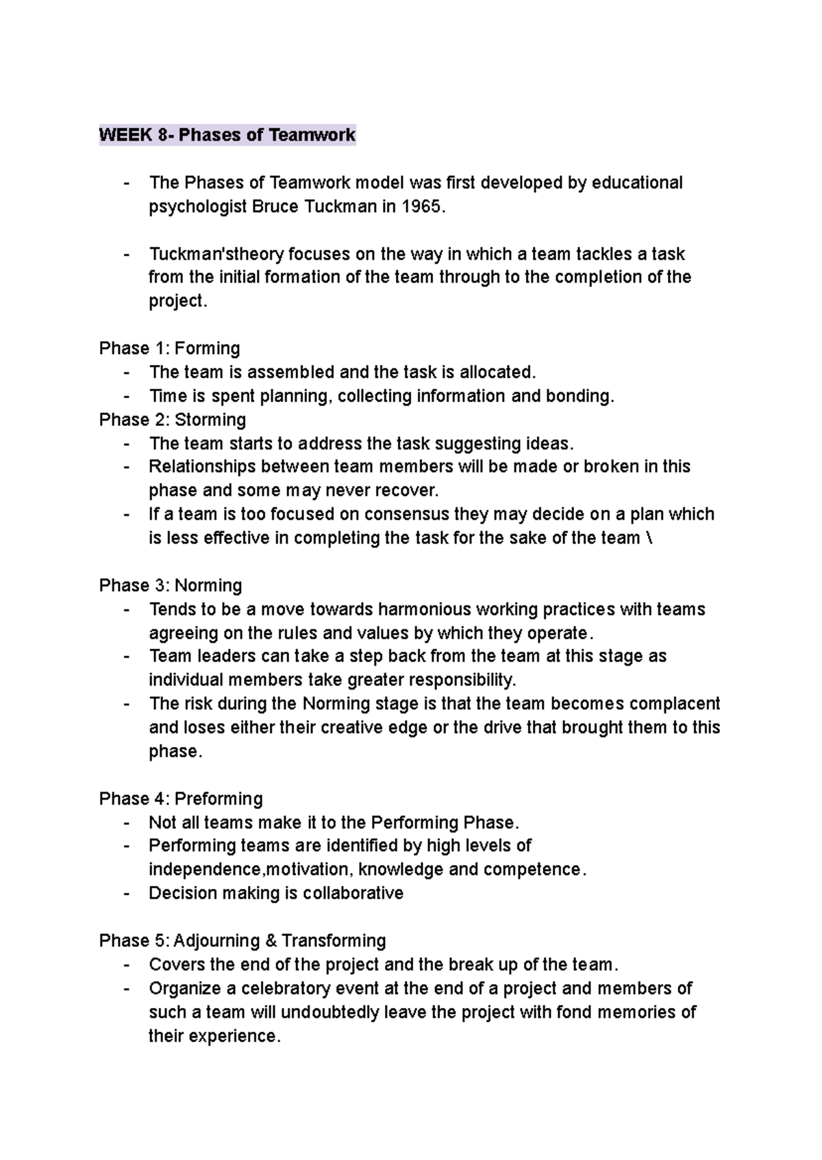 Entry to pactice - WEEK 8- Phases of Teamwork The Phases of Teamwork ...