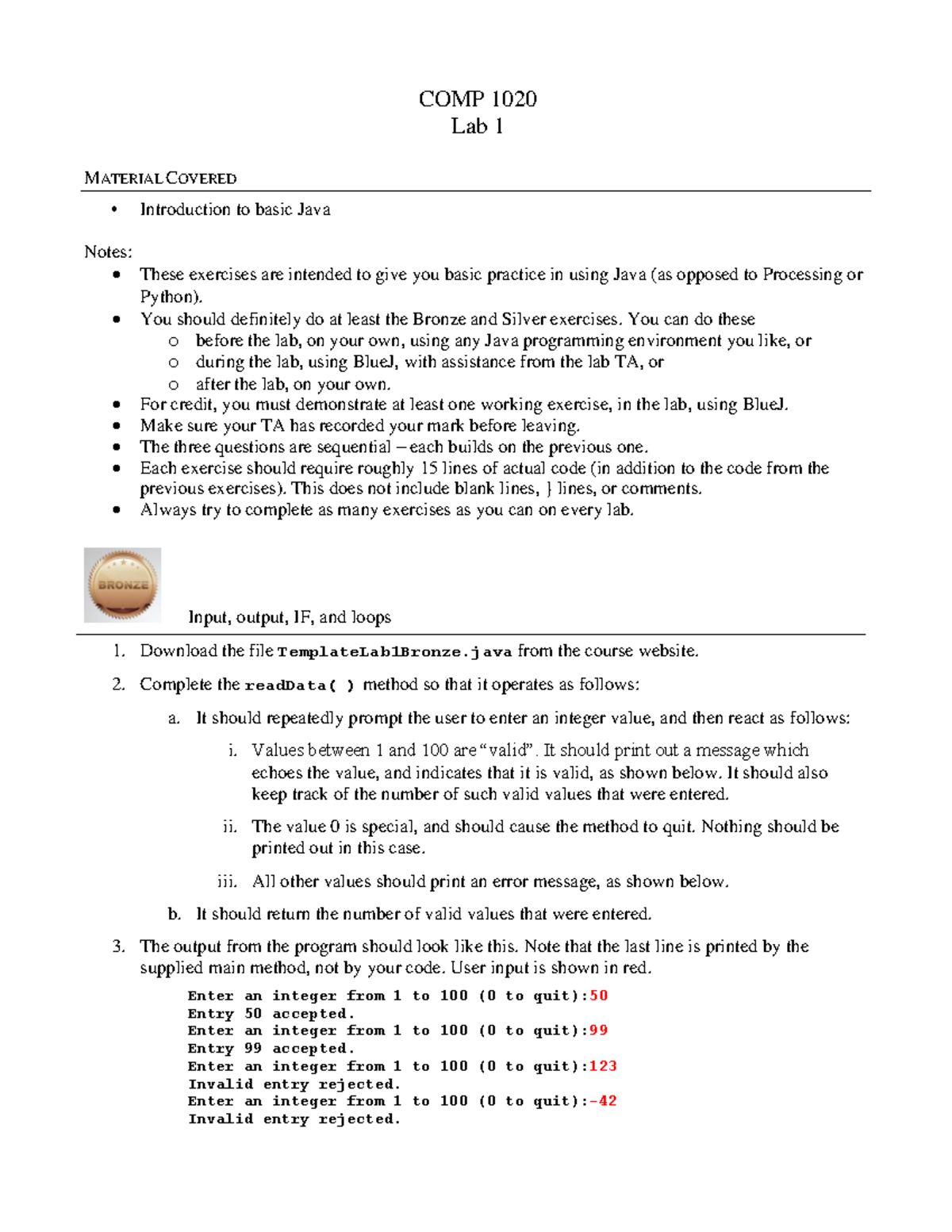 Lab 1 Laboratory 1 Introductory Computer Science 2 Comp 1020 Comp 1020 Lab 1 Material 