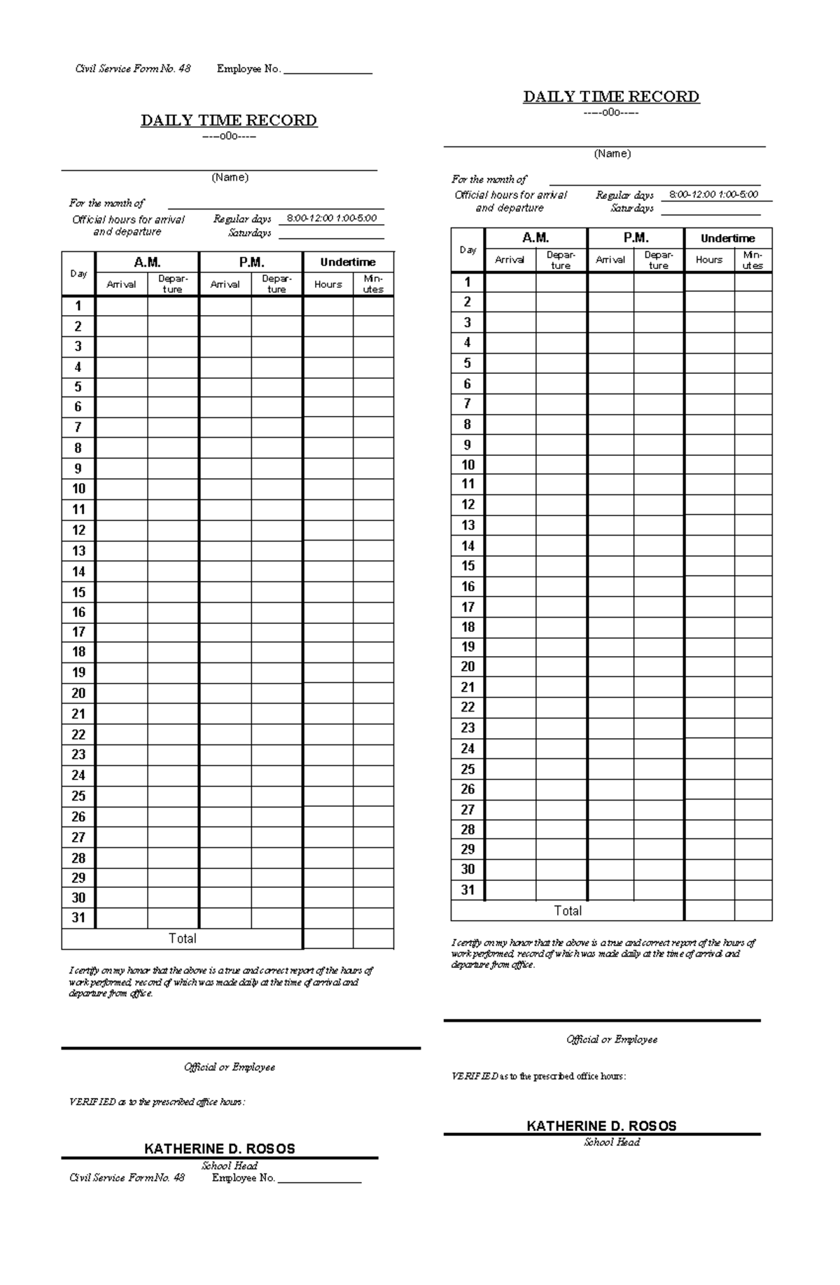 DTR - Civil Service Form No. 48 Employee No. ________________ DAILY ...