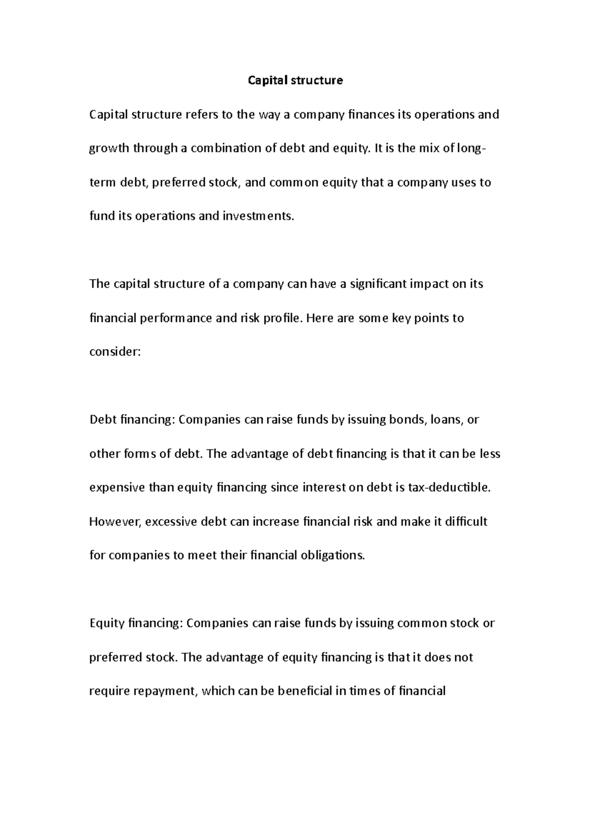 Capital structure - Capital structure Capital structure refers to the ...