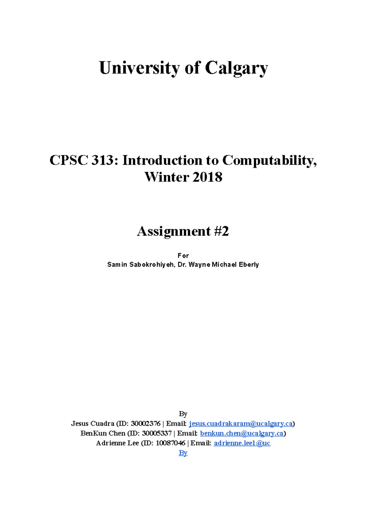CPSC 313 Assignment #2 - University of Calgary CPSC 313: Introduction to Computability, Winter ...