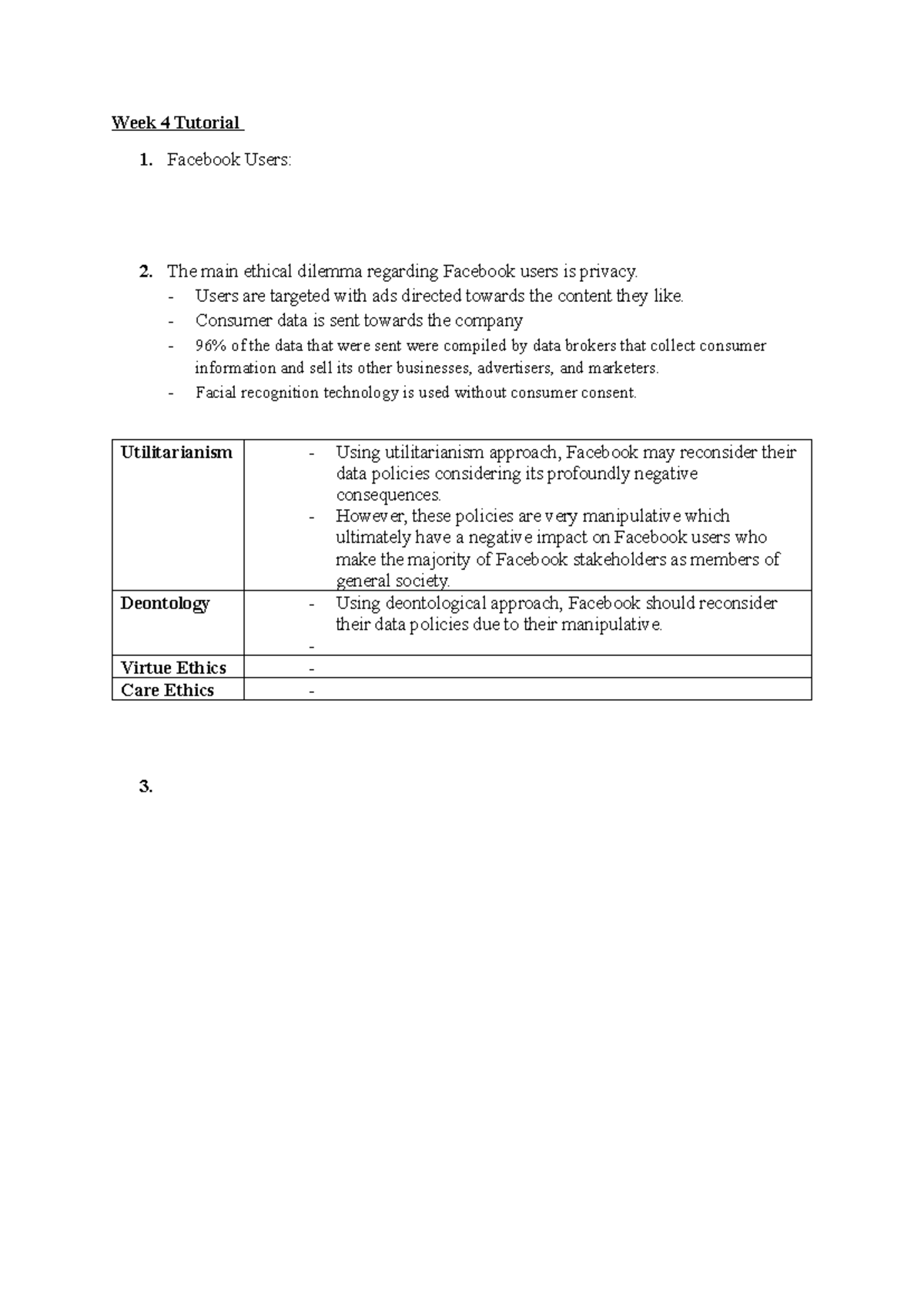 Week 4 COMM1110 Tutorial Handout Sheet Work - Week 4 Tutorial 1. Facebook Users: 2. The main ...