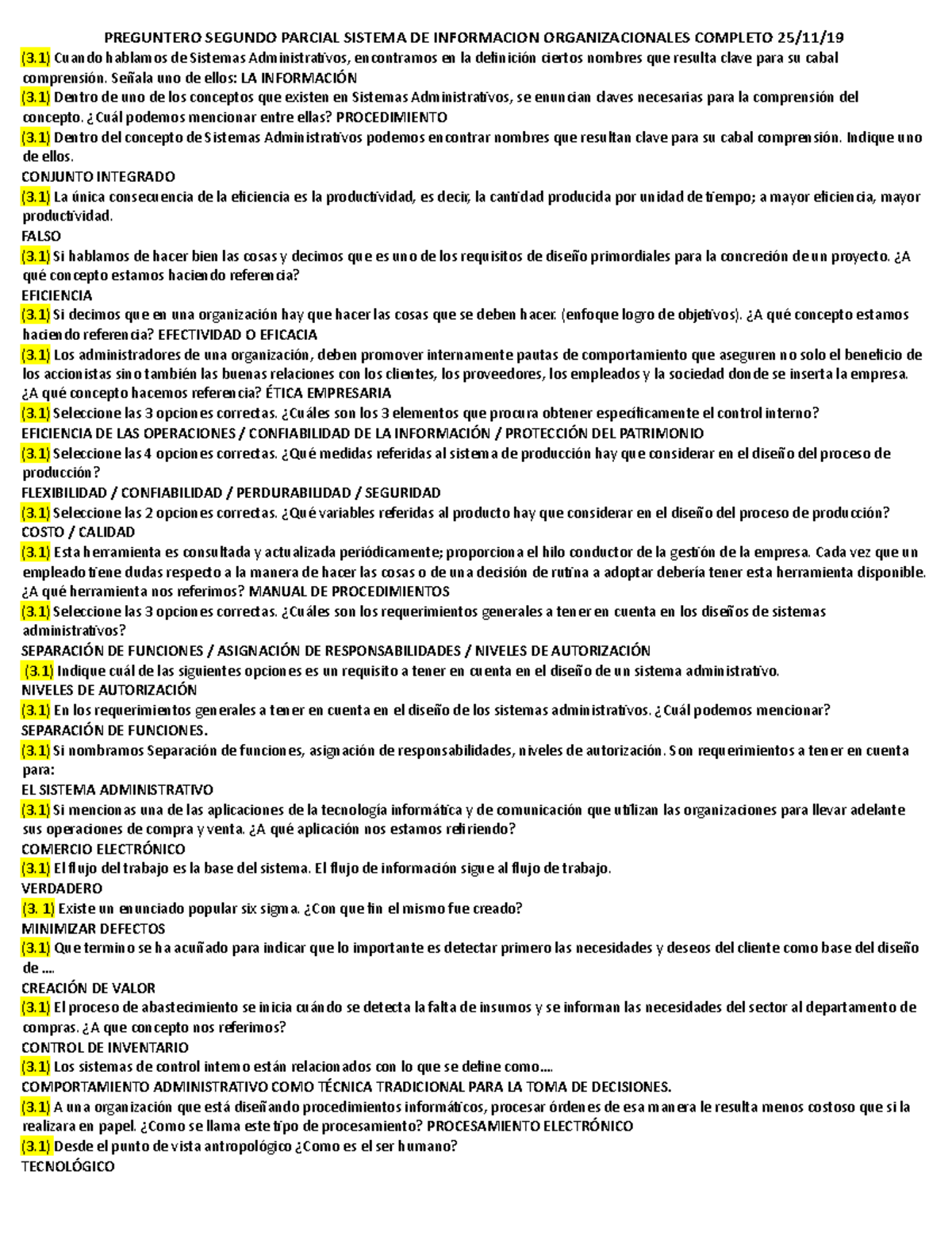 Segundo Parcial de Sistema - PREGUNTERO SEGUNDO PARCIAL SISTEMA DE INFORMACION ORGANIZACIONALES ...