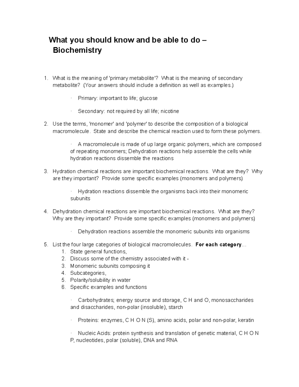 Biochemistry Review - What you should know and be able to do ...