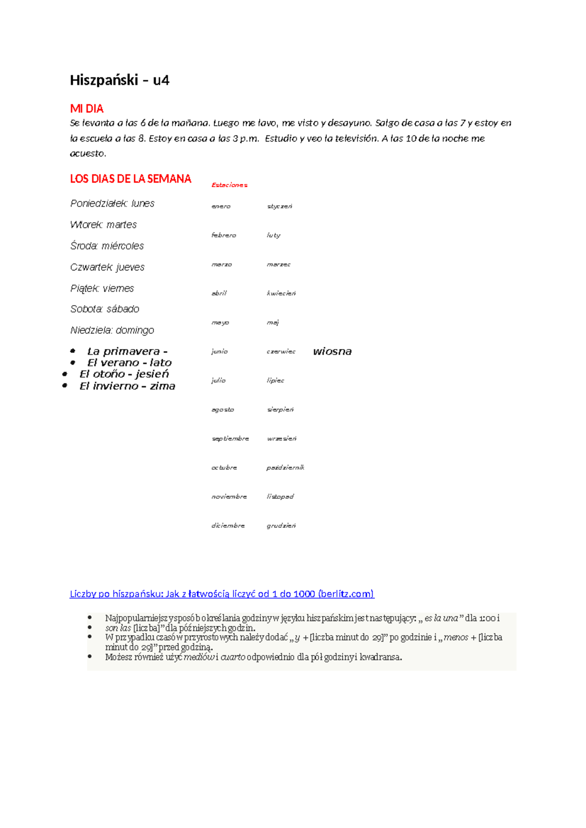 Hiszpański(spanish u4) - Hiszpański – u MI DIA Se levanta a las 6 de la ...