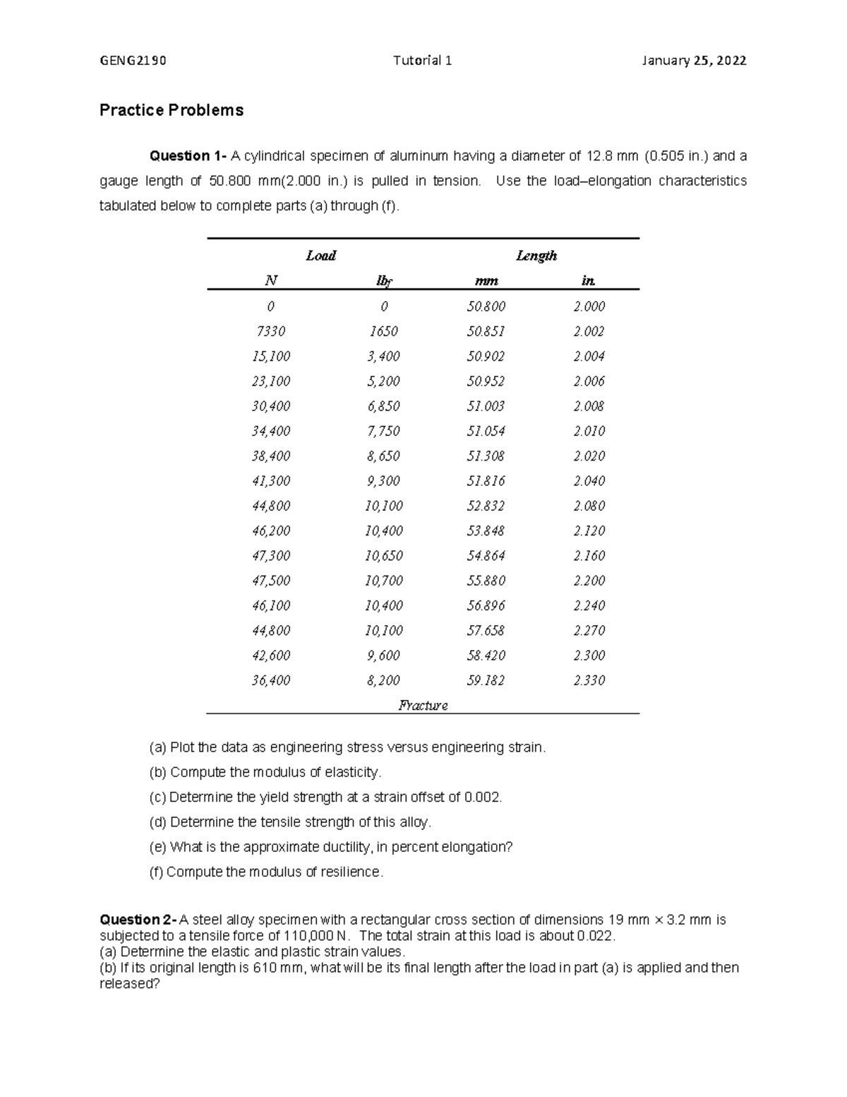 Tutorial 1-Questions - Study Guide - GENG2190 Tutorial 1 January 25 ...