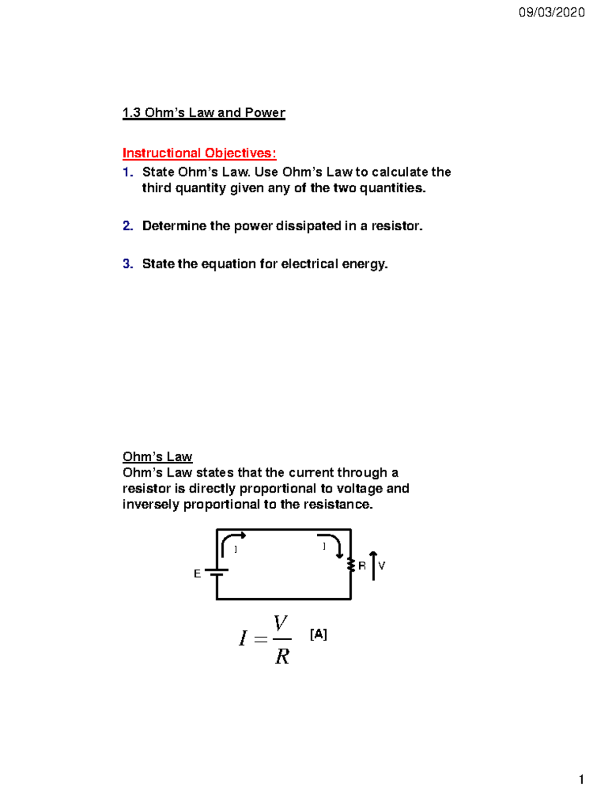 Topic 1.3 Ohm's Law and Power April 2020 Student - 1 Ohm’s Law 1 Ohm’s ...