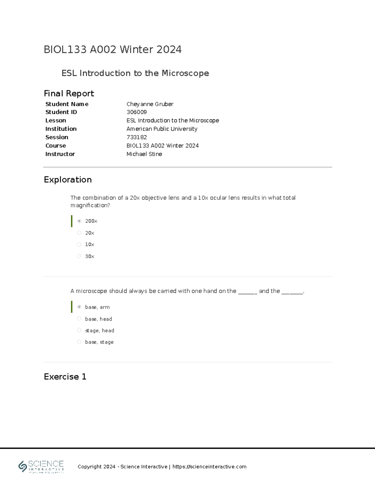 Bio lab 1 - Lab - Student Name Cheyanne Gruber Student ID 306009 Lesson ...