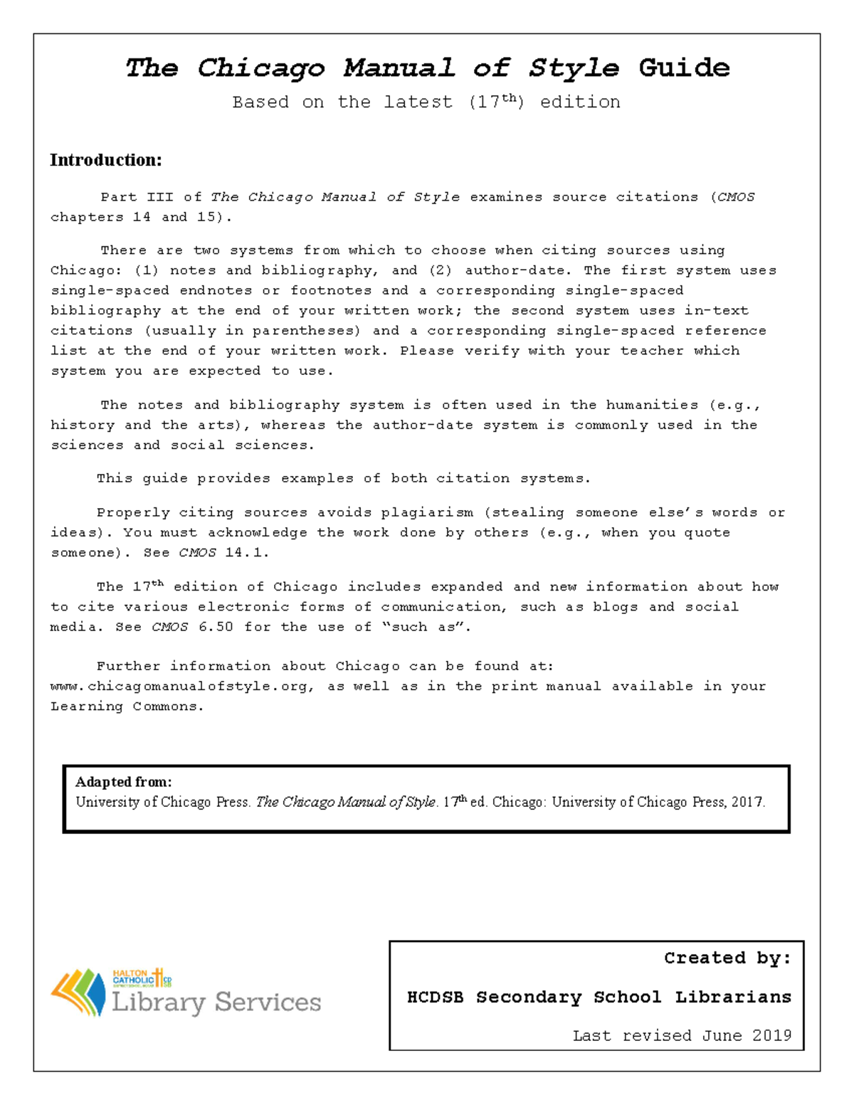 Chicago-17 - style guide - 1 The Chicago Manual of Style Guide Based on ...