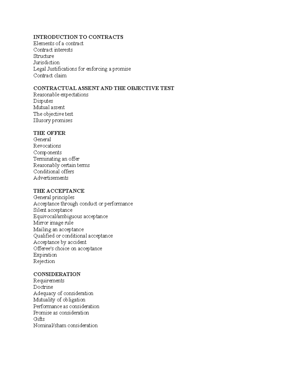 Contracts headings outline - INTRODUCTION TO CONTRACTS Elements of a ...