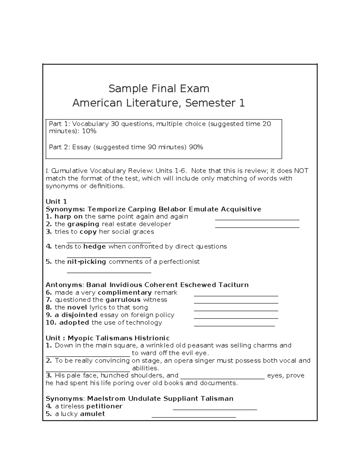 23Final Exam Format Practice - Sample Final Exam American Literature ...
