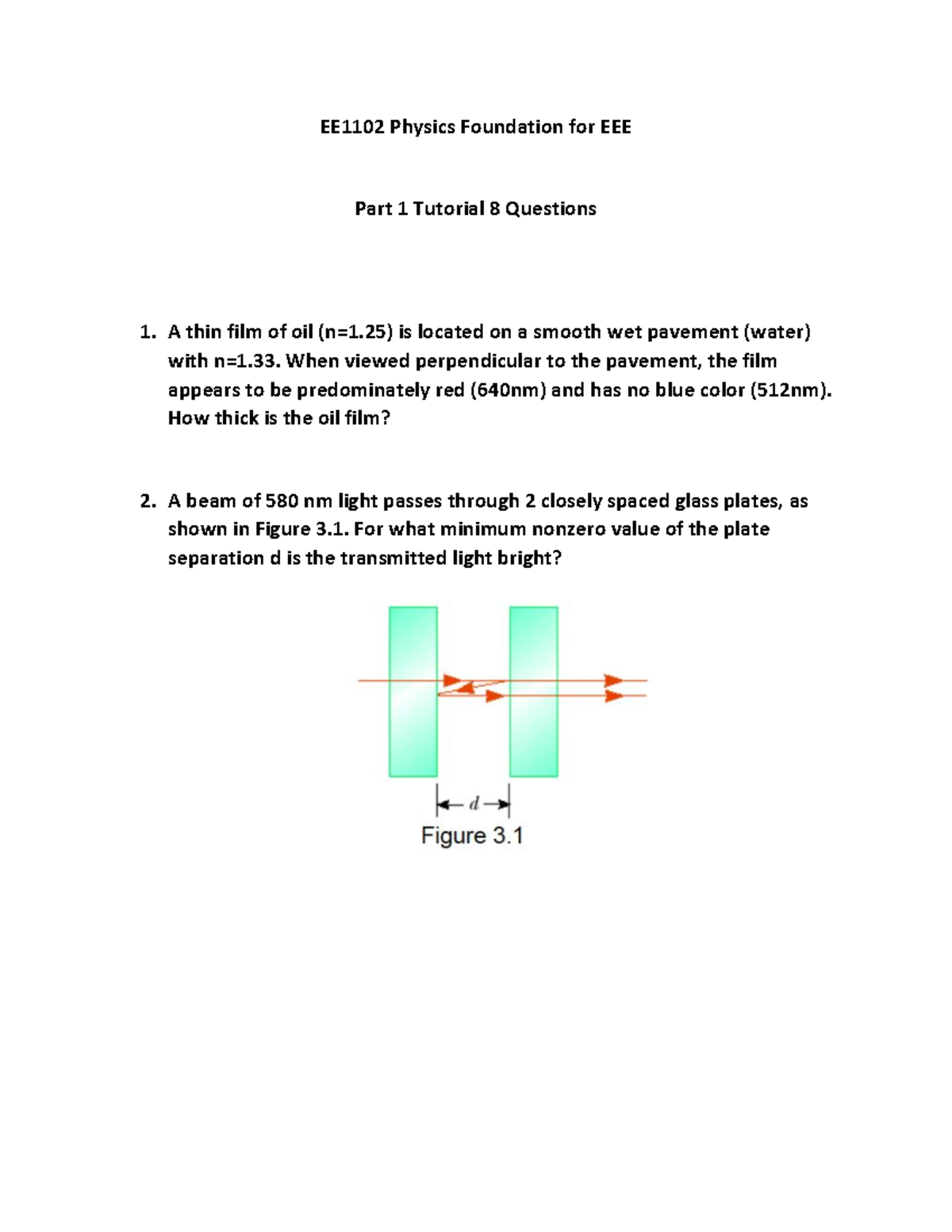 TUT 3 Optics - Tutorials - EE1102 Physics Foundation for EEE Part 1 Tutorial 8 Questions A thin ...