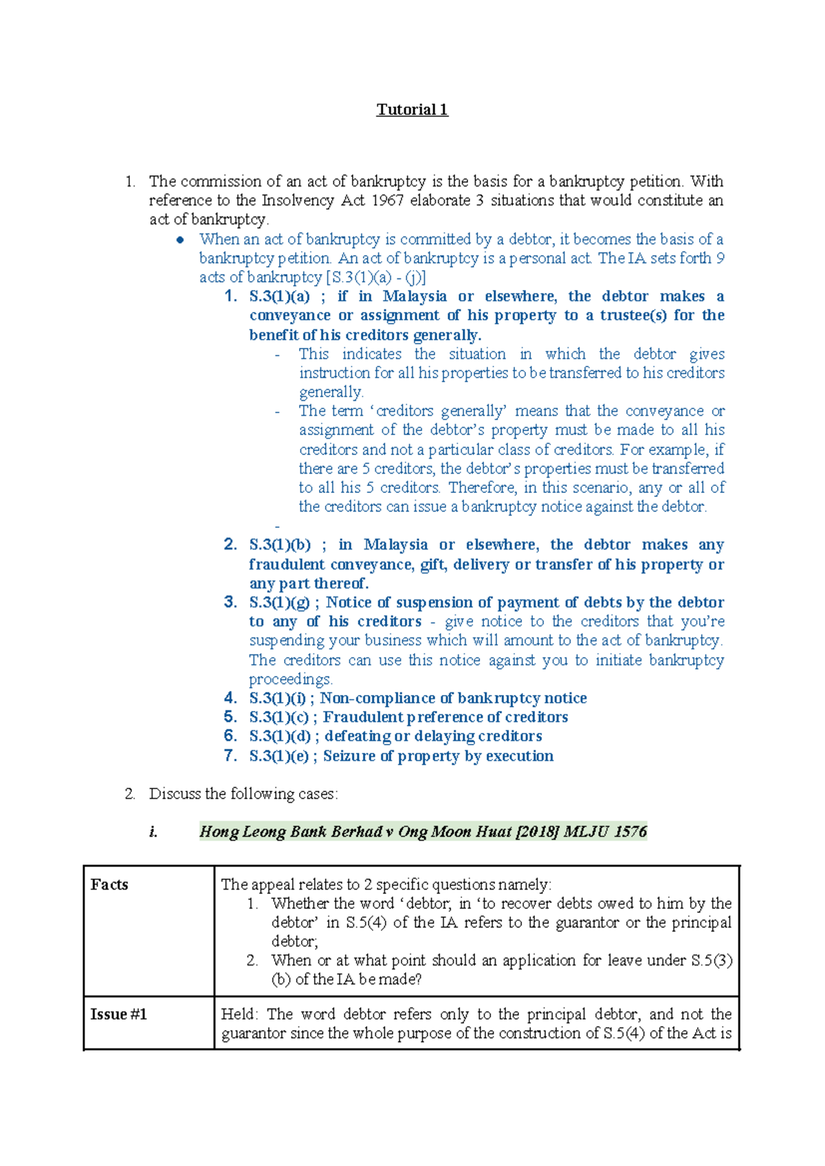 [Bankruptcy] Tutorial 1-2022 - Tutorial 1 The commission of an act of ...