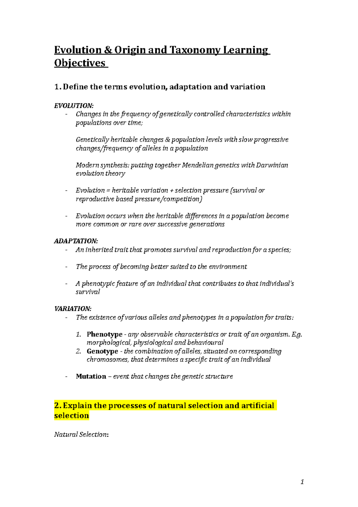 Summary of evolution & origin lectures plus taxonomy lectures ...