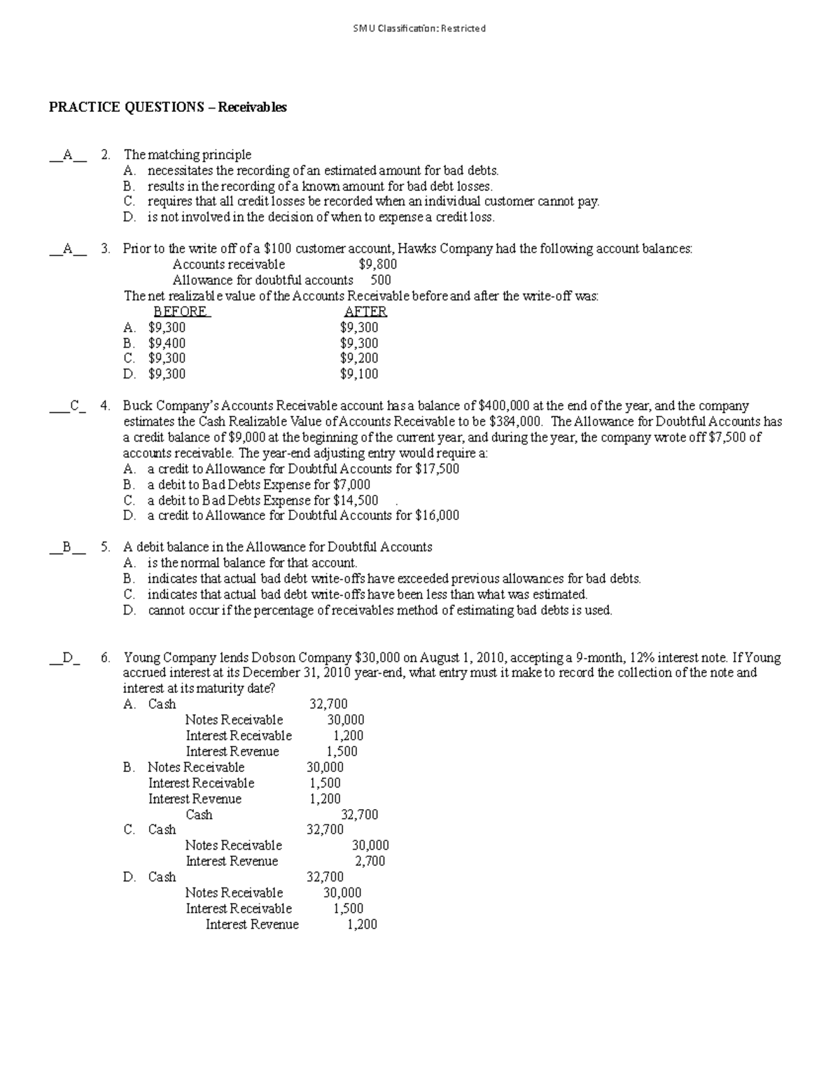 MCQ - Receivables - MCQ - PRACTICE QUESTIONS – Receivables A 2. The ...