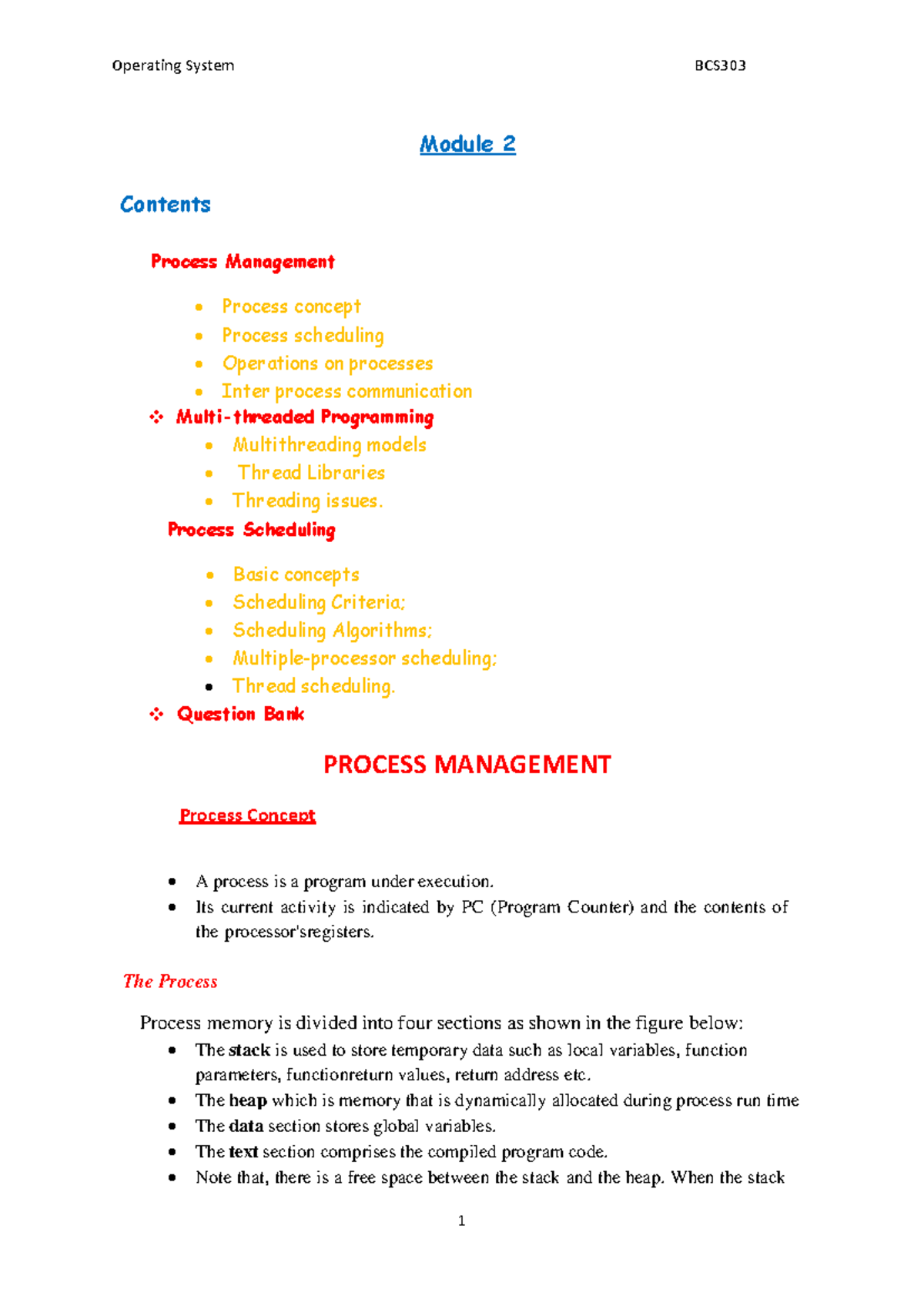 Module 2 OS JITD - notes - Module 2 Contents Process Management Process ...