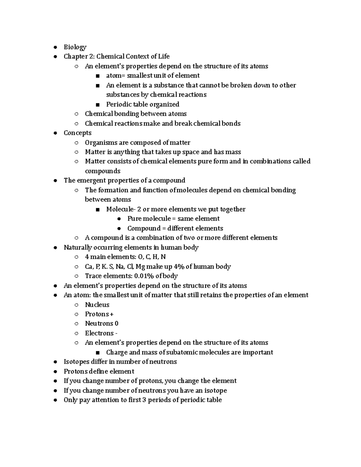 CH2 Bio Notes - Biology Chapter 2: Chemical Context of Life An element ...