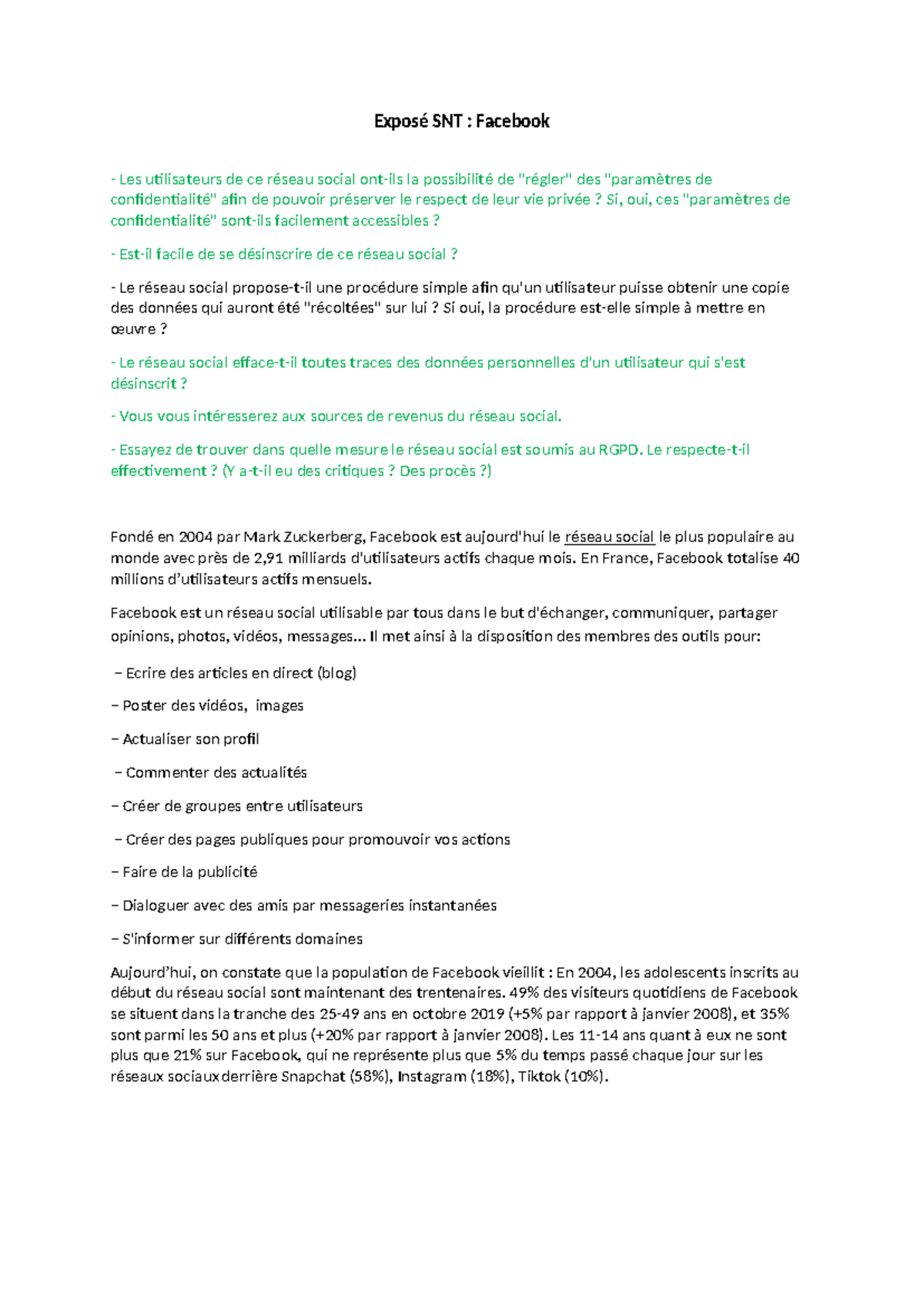 Exposé facebook - Exposé SNT : Facebook - Les utilisateurs de ce réseau social ont-ils la - Studocu