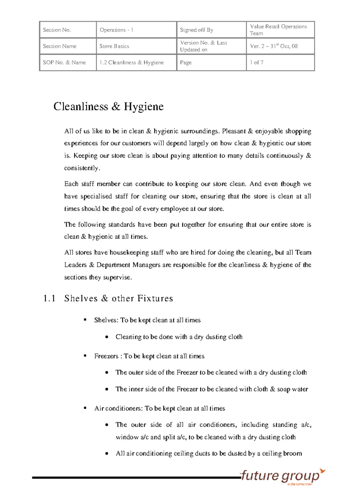 2 Cleanliness Hygiene - Section No. Operations - 1 Signed off By Team ...