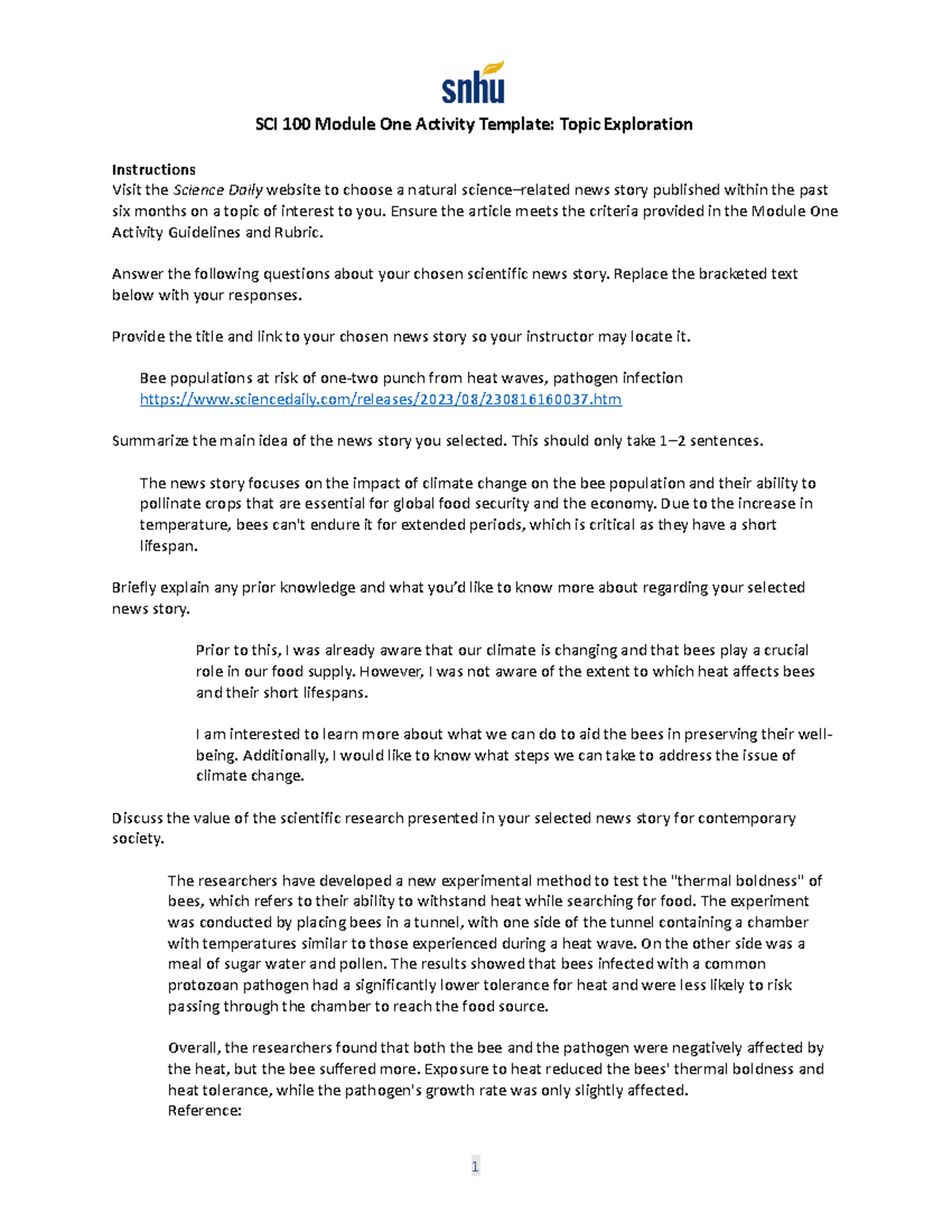 SCI 100 Module One Activity Template - Ensure the article meets the ...